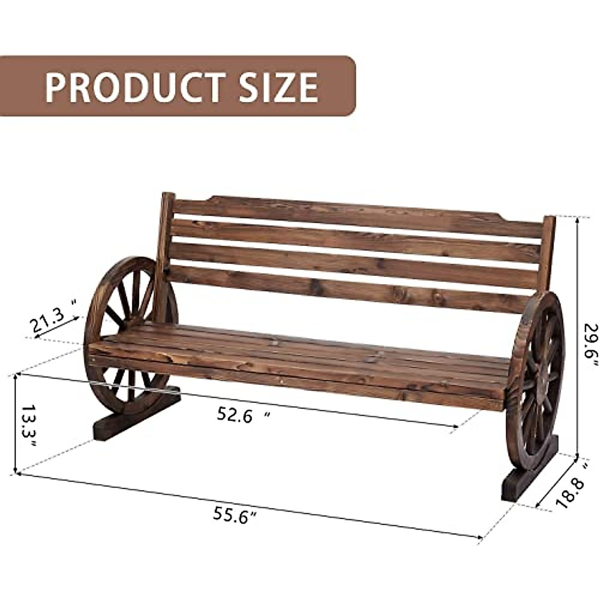 Kinlife Outdoor Bench Porch Bench 2-Person Wooden Wagon Wheel Garden Bench, Wagon Slatted Seat with Backrest for Backyard, Patio, Garden