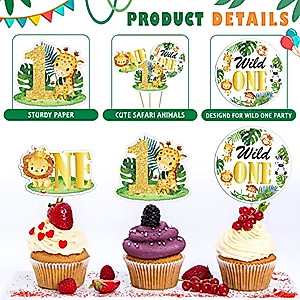 Weecent 48 PCS Wild One Cupcake Toppers Baby 1st Birthday Decorations Jungle Safari Theme Cake Toppers For Baby Boy Girls Safari Animal Party Supplies