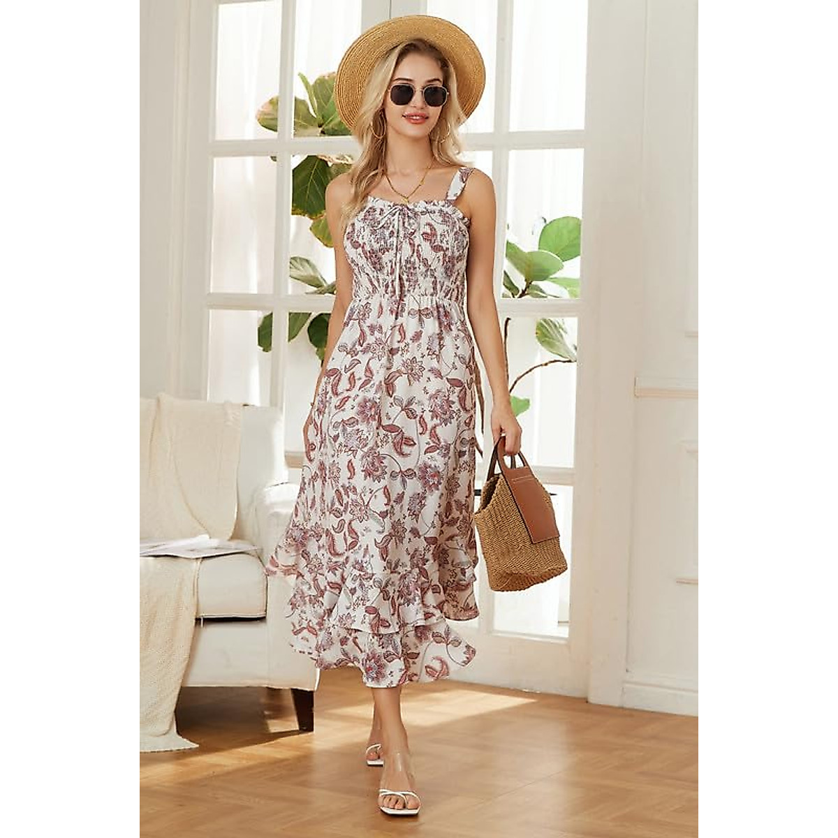 GRACE KARIN Women's 2025 Summer Floral Boho Dress Square Neck Strapped Swing A Line Sundress Beach Long Maxi OutfitsBeige S