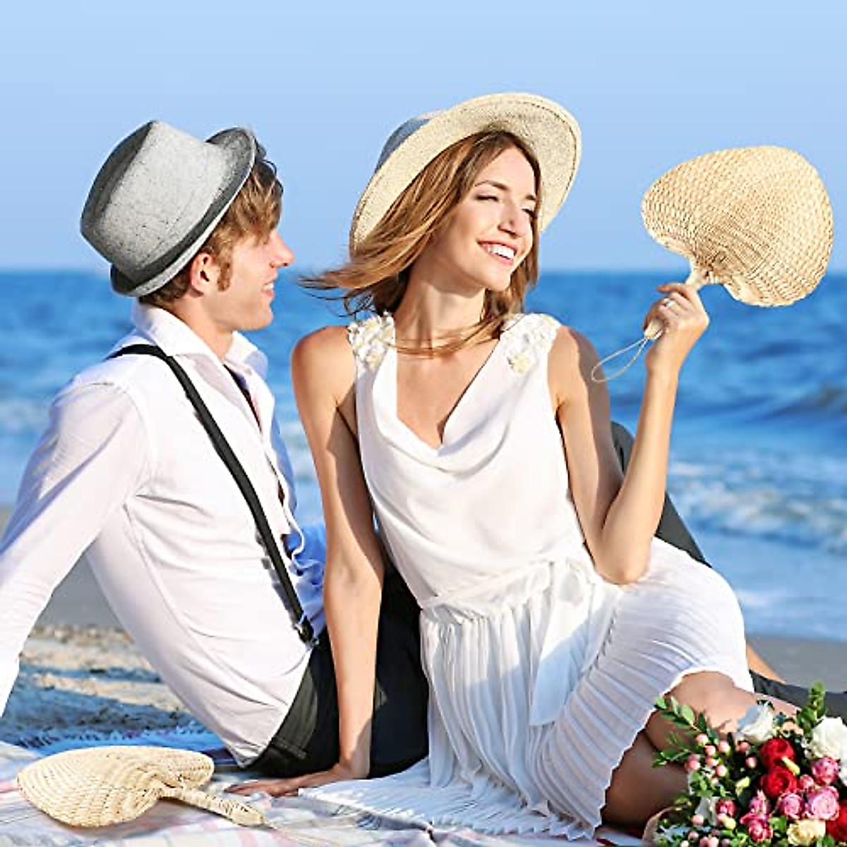 20 Pieces Wedding Raffia Fans Bamboo Fan Natural Handmade Palm Leaf Hand Weaving Fan Boho Fans for Guest Couple Summer Cooling Supplies Farmhouse Wall Decor Wedding Favors