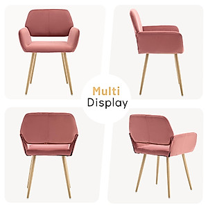 KCC Small Modern Dining Room Arm Chairs 1 Piece, Mid-Century Upholstered Velvet Side Seat Club Guest with Metal Tube Legs for Kitchen, Living Room, Rose