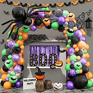 Halloween Balloon Garland Arch kit 165pcs with Halloween Spider Web and Bat,Black Orange Green Purple Balloons Spider Balloons for Halloween Day Party Decorations
