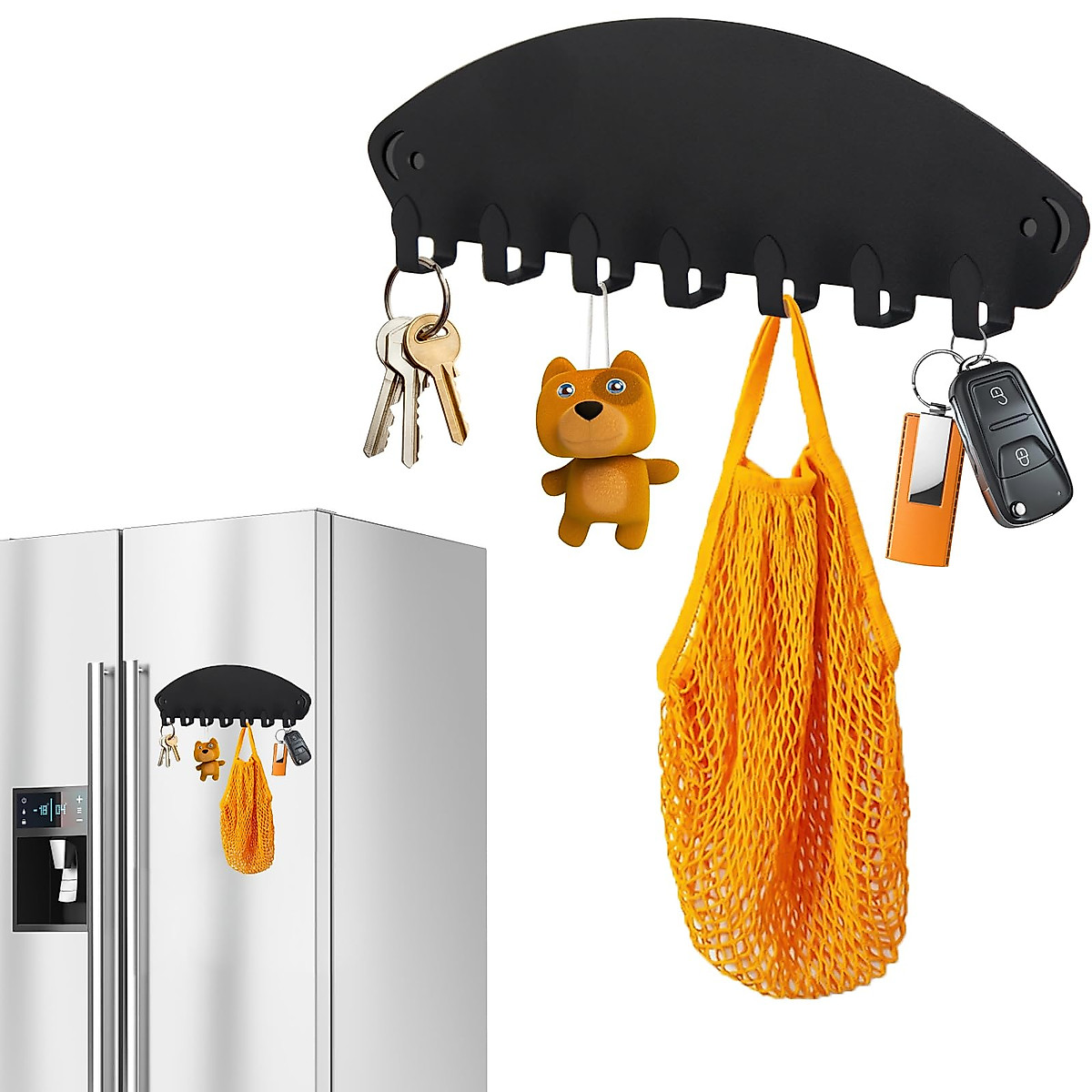 Lunhoo Magnetic Hook Rack, Magnetic Key Holder for Wall 7 Hooks, Wall Mount Keychain Hanger for Refrigerator, Metal Cabinet, Grills, Dishwasher (Matte Black)