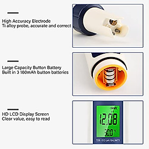 Digital Water Detector, PH Salinity Temp TDS EC High Accuracy Water Quality Tester Stable Measuring with Button Battery for Laboratory