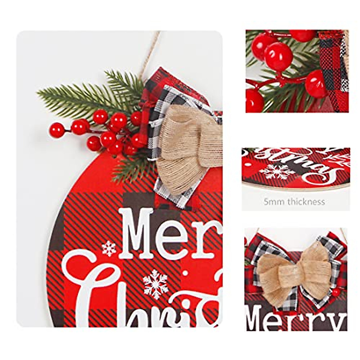 Boltigen Merry Christmas Decorations Sign Front Door Round Wooden Wreath Christmas Hanging Sign Decor for Christmas Home Window Wall Farmhouse Indoor Outdoor Decorations (Style 1)