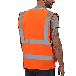 Dib Safety Vest Reflective ANSI Class 2, High Visibility Vest with Pockets and Zipper, Construction Work Vest Hi Vis Orange L
