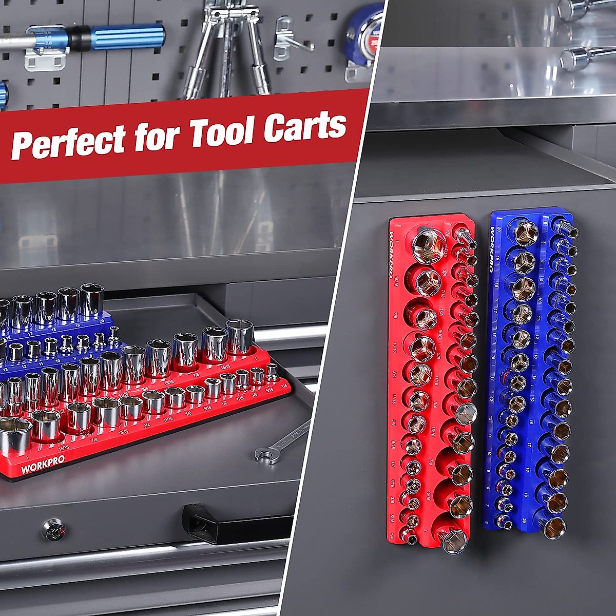 WORKPRO 3/8-inch Magnetic Socket Organizer Set, 2-Piece SAE & Metric Socket Holders, Holds 56 Standard and Deep Sockets for Tool Box, Tool Carts (Sockets Not Included)