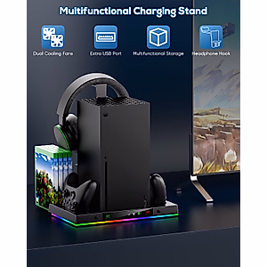 Upgrade Cooling Fan & Dual Charging Stand for Xbox Series X Console & Controller,Cooler Charger Station System for Series X with 15 RGB Lights,2 x 1400mAh Rechargeable Battery,Disc Accessories Storage