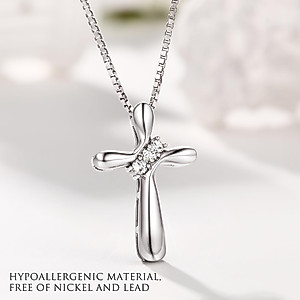 FUNRUN JEWELRY 925 Sterling Silver Cross Necklace for Women 3-Stone Cubic Zirconia Silver Cross Pendant Necklaces with 1MM Box Chain,18 Inches