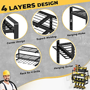 SPACECARE Power Tool Organizer，4 Drill Holders Wall Mount， 4 Layers Garage Organization Floating Cordless Drill Holder Heavy Duty Tool Organizers Utility Rack Floating Tool Shelf for 4 Drill Holders