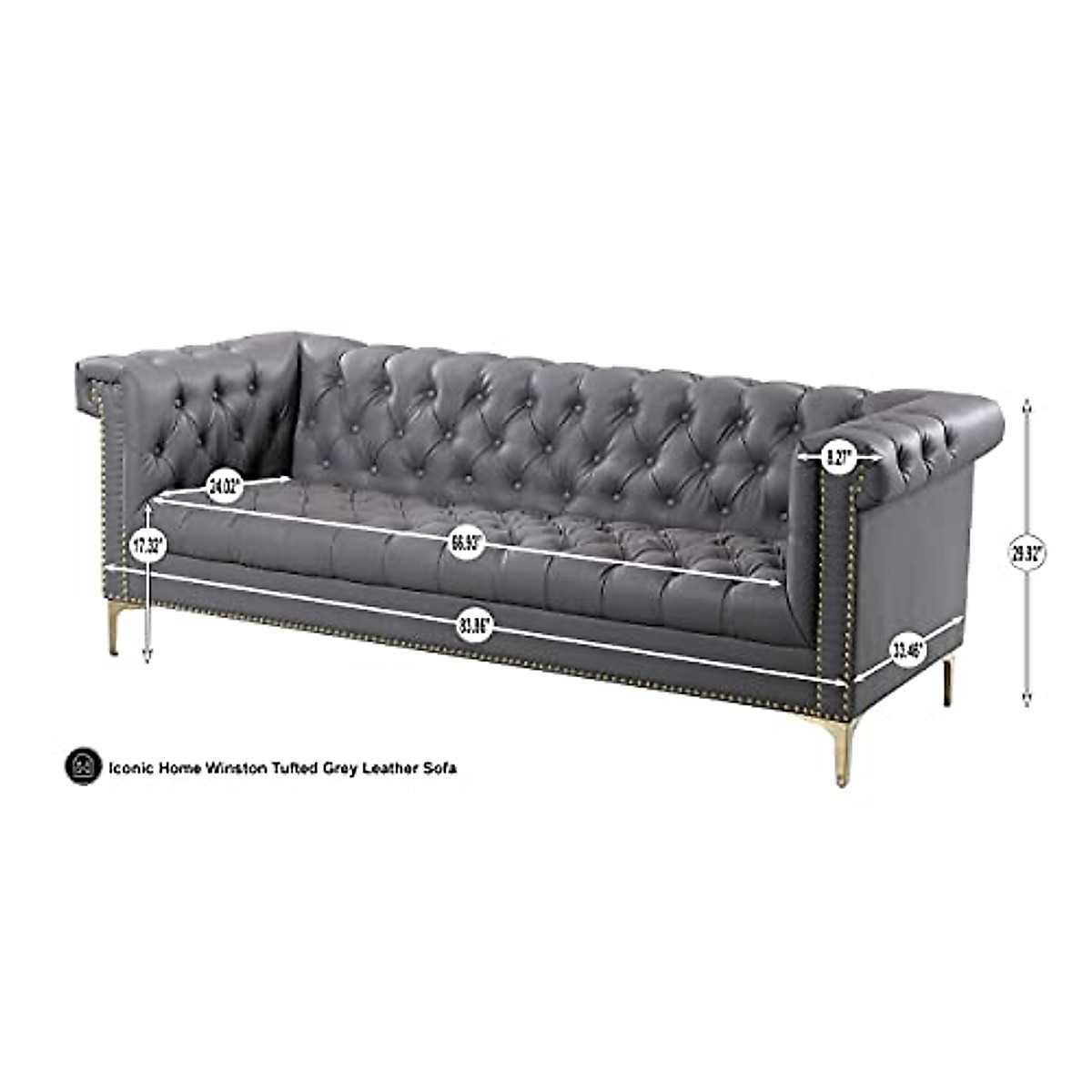 Iconic Home Winston Nail Head Tone Legs PU Leather Modern Contemporary Button Tufted with Gold Nailhead Trim Goldtone Metal Y-Shaped Feet Sofa, Grey