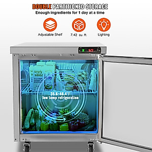 VEVOR Commercial Refrigerator, 28" Undercounter Worktop Refrigerator, 7.4 Cu. Ft Thick Stainless Steel Refrigerated Food Prep Station Fan Cooling Single Door Worktop Fridge with lock for Bar