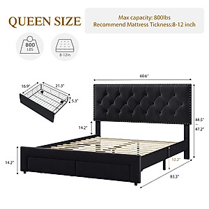 GarveeHome Upholstered Queen Bed Frame with 2 Storage Drawers, Velvet Platform Bed Frame with Button Tufted Rivets Headboard, Heavy Duty, No Box Spring Needed, Easy Assembly, Black