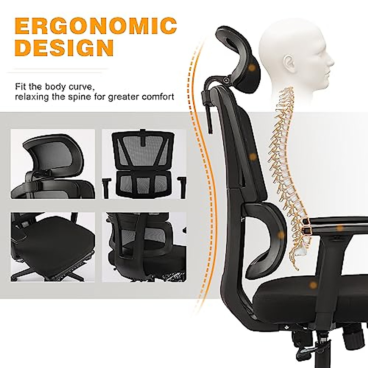 LSSBOUGHT Ergonomic Mesh Office Chair with Lumbar Support Adjustable Footrest Headrest, Mid Back Executive Swivel Desk Chair with Armrest for Home Office Work, Black