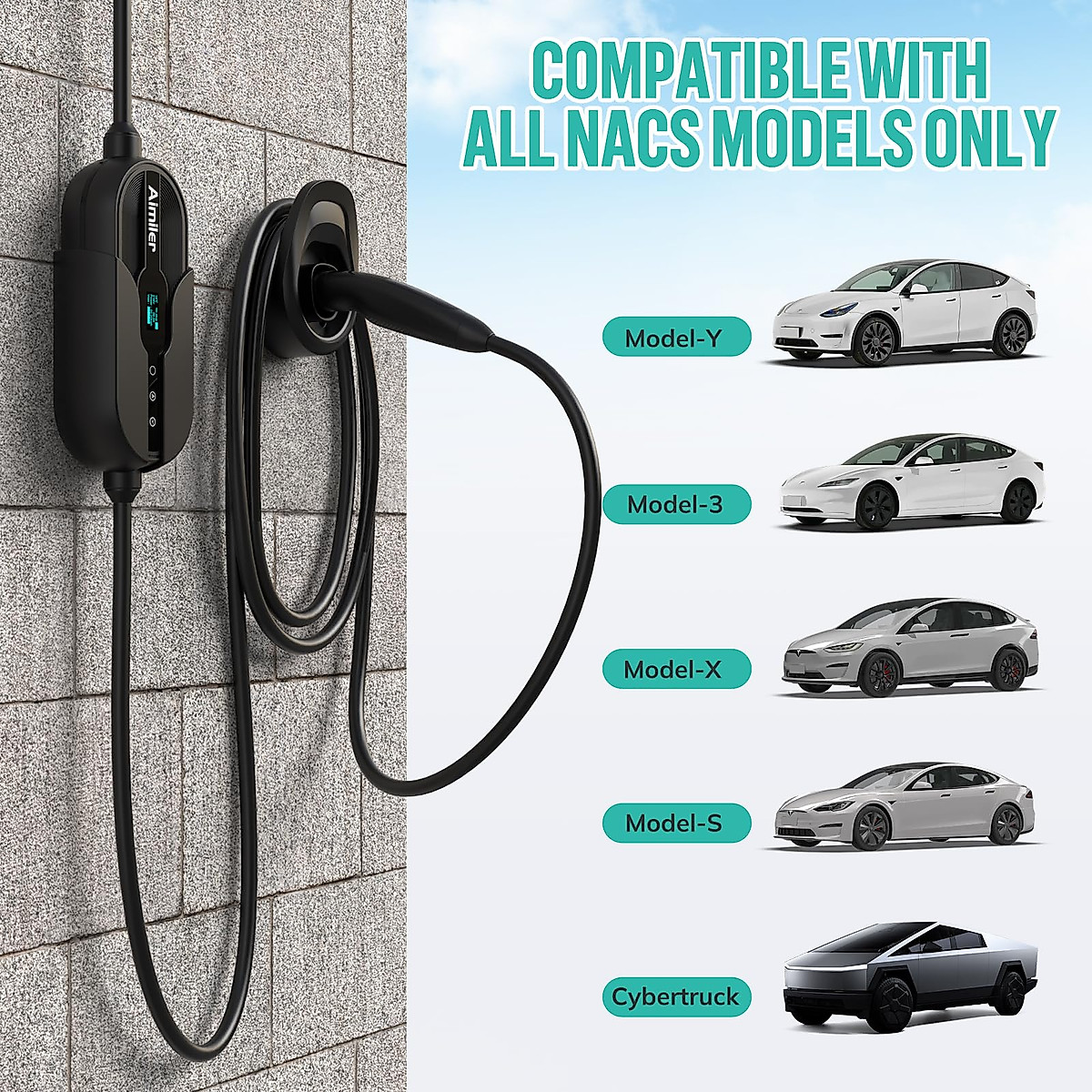 AIMILER Level 2 Tesla Charger(Wireless WiFi APP), 240V, 32 Amp, NEMA 14-50 Plug, 25ft Cord - Portable/Home NACS Connector Electric Car(EV) Charger for Tesla - Compatible with Tesla Model X/Y/3/S