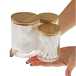 ARAD Cotton Ball, Swab, Q-tip Storage Set, 1-Piece, 3 Compartment, Clear Acrylic Jar Container with Bamboo Lid, Easy Organization on Bathroom Counters, Under-Sink Placement-6"D x 4.5" H