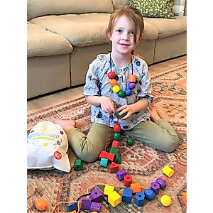 CC O Play Large Lacing Bead Set for Kids - 36 Jumbo Beads & 4 Threads for Toddlers - Montessori Educational Stringing Toy for Preschool Children - Bonus Bag & Ebook with Primary Resources