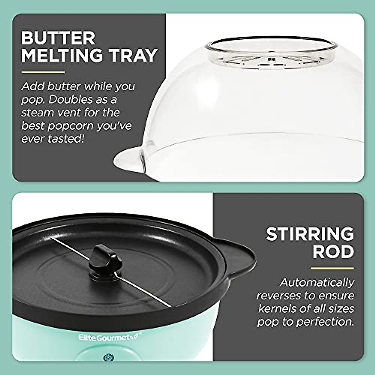 Elite Gourmet Automatic Stirring Popcorn Maker Popper, Electric Hot Oil Popcorn Machine with Measuring Cap & Built-in Reversible Serving Bowl, Great for Home Party Kids, Safety ETL Approved, Mint