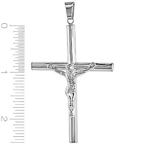 Sterling Silver Large Plain Crucifix Pendant 5mm Tubular High Polished 2 3/4 inch