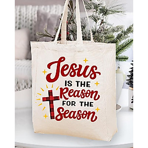 Jesus Is The Reason For The Season Christmas Canvas Tote Bag for Women & Men Reusable Grocery Shopping Bag For Christmas Gift