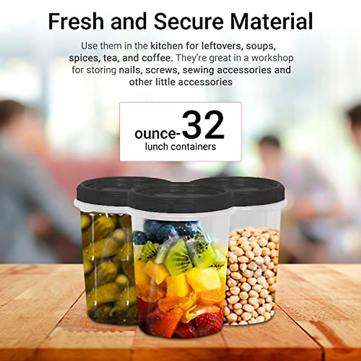 [Black - 12 Pk] Airtight Deli Containers with Lids Twist Lock Top Clear Food Storage for Meal Prep Snacks and Leftovers Freezer and Microwave Safe Stackable Leak-Resistant and 12 Pc. Set (32 Ounce)