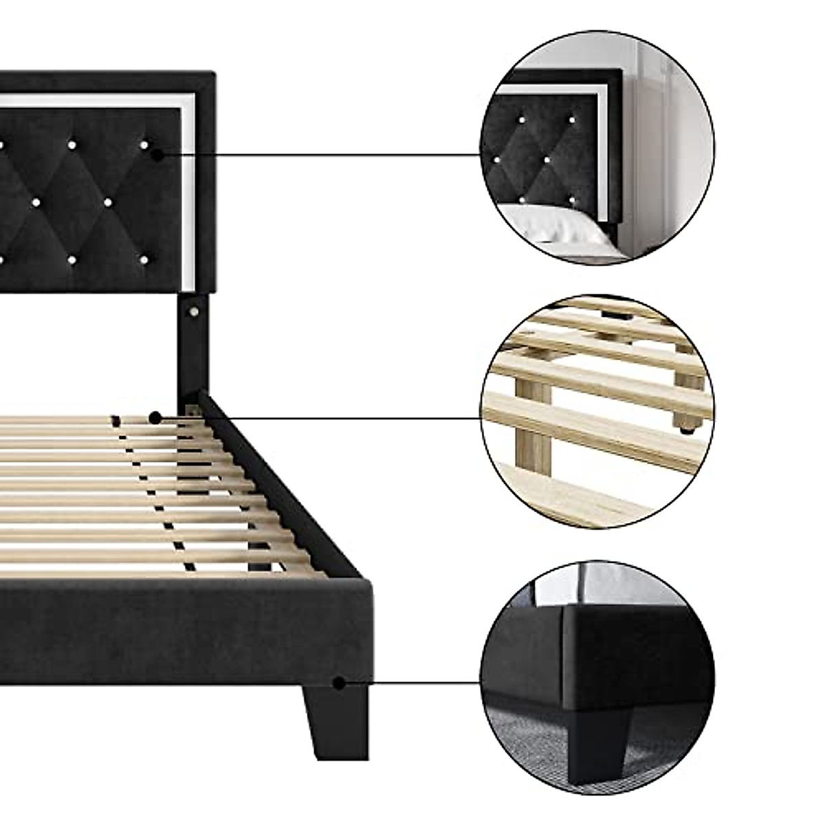 HITHOS Full Bed Frame, Upholstered Platform Bed Frame with Modern Adjustable Headboard, Diamond Tufted Mattress Foundation with Wooden Slat Support, No Box Spring Needed, Easy Assembly (Full, Black)