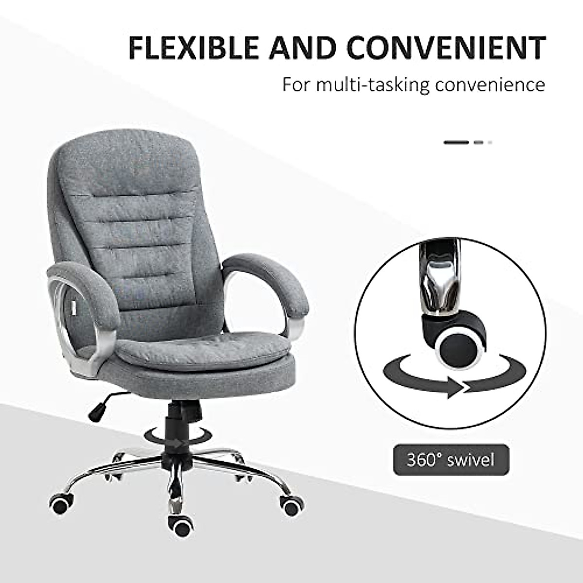 Vinsetto High Back Home Office Chair Executive Computer Chair with Adjustable Height, Upholstered Thick Padding Headrest and Armrest - Grey