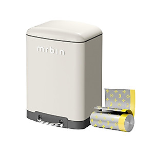 MRBIN Small Bathroom Trash Can with Lid, Metal Step Waste Basket Touchless Soft Close, 6L / 1.6gal Rectangle Garbage Bucket with Stainless Steel Pedal for Kitchen, Office, Bedroom Accessories, White