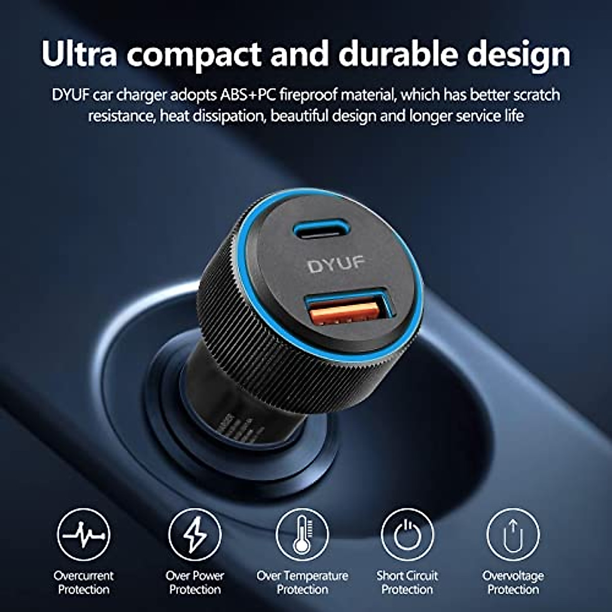 DYUF USB C Car Charger 48W,Fast Car Charger Adapter,with 60W Type C Fast Charging Cable,Dual USB Port PD30W&QC3.0 18W Car Phone Charger,for Samsung Galaxy S22/S21/Ultra 5G,Note 20/10、iPad Pro,Etc