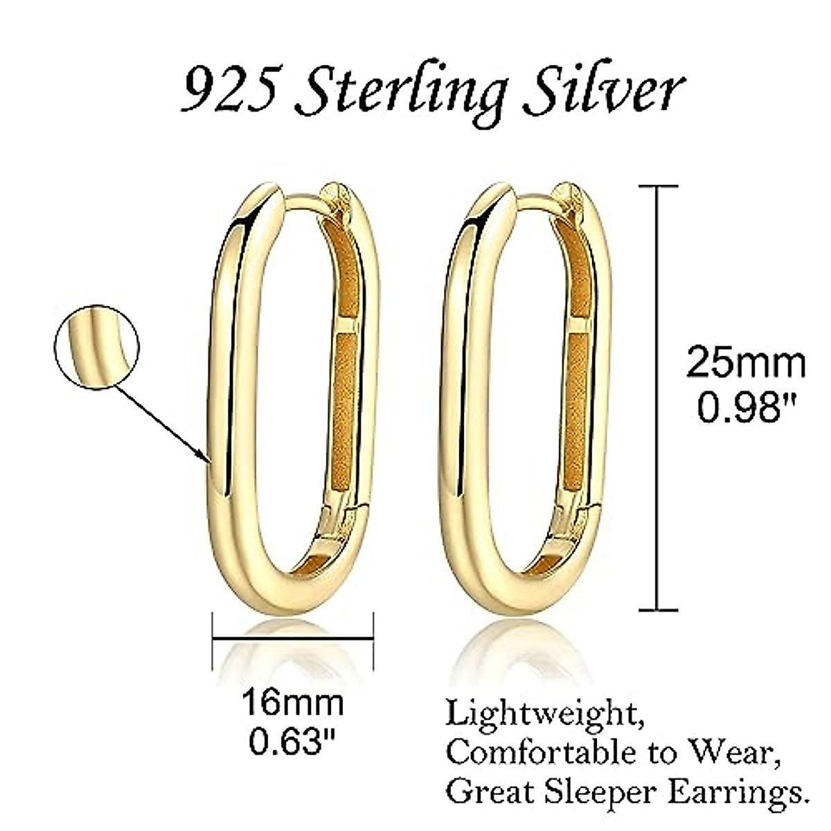 SILBERTALE Rectangle Hoop Earrings 925 Sterling Silver Gold Plated Paperclip Huggie Hoops U Link Earrings for Women