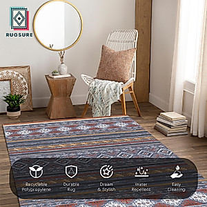 RUGSURE Washable Area Rugs 4' x 6' - 1/6 Thick - Moroccan-Inspired -Stain & Water Resistant Non-Slip - Resistant Rug for Living Room, Bedroom, Nursery, Pet & Child Friendly (Blue and Red)