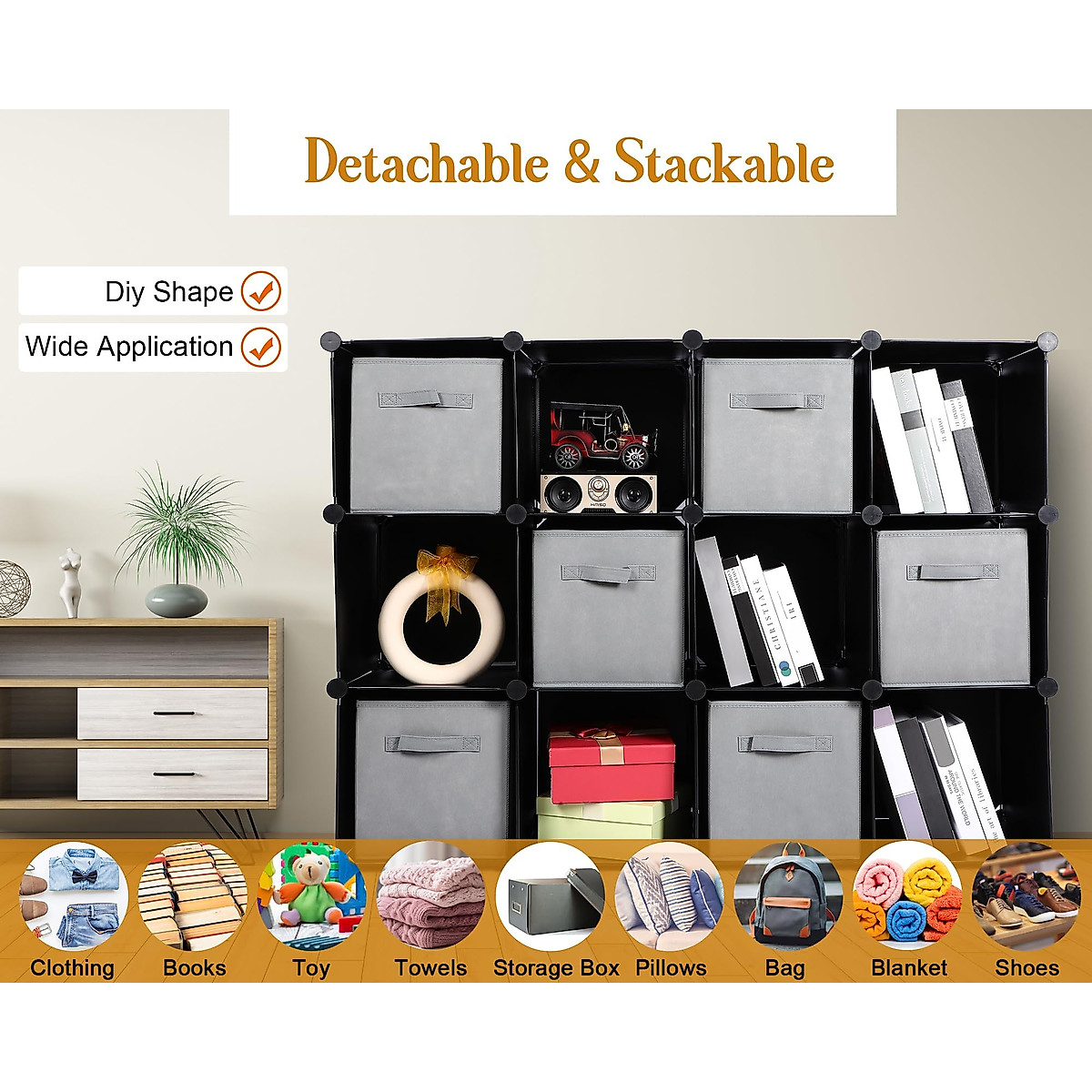 Roshtia 12 Cube Storage Organizer and 12 Collapsible Fabric Storage Cube Bins, Closet Organizer and Storage Shelf DIY Plastic Modular Bookcase Bookshelf Bedroom Garment Racks Home Office, Black, Gray