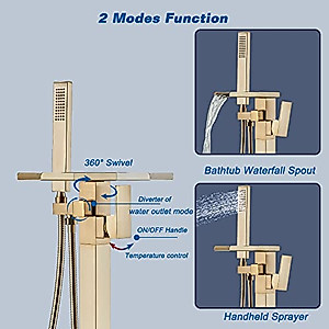 Votamuta Freestanding Bathtub Faucet Brushed Gold Waterfall Floor Mount Tub Filler Brass Single Handle Bathroom Tub Faucets with Hand Shower Mixer Tap 360° Swivel Spout