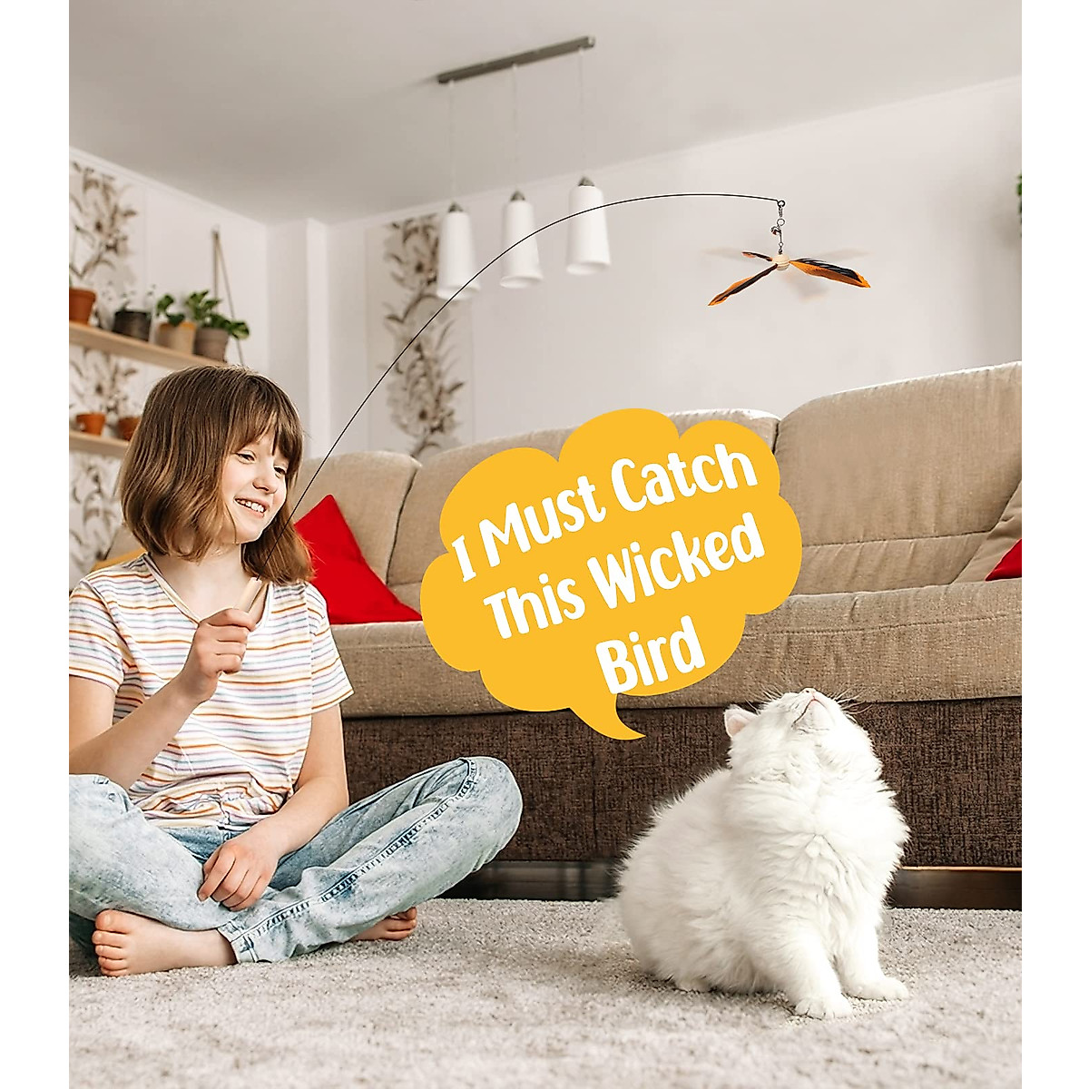 Pawaboo Feather Teaser Cat Toy, Interactive Feather Wand Cat Toy Flying Feather Cat Catcher with Extra Long 35" Wand and Small Bell, Fun Exerciser Playing Toy for Kitten or cat, Orange