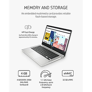 HP Chromebook 14 Laptop, Intel Celeron N4020, 4 GB RAM, 32 GB eMMC, 14” HD Micro-Edge Display, Chrome OS, Thin & Portable, 4K Graphics, Backlit Ash Gray Keyboard (14a-na0024nr, 2021, Mineral Silver)