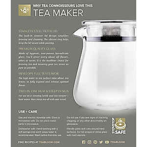 Teabloom One-Touch Tea Maker, 2-in-1 Teapot and Kettle with Stainless Steel Filter Lid for Loose Tea – Stain-free Borosilicate Glass Tea Pot (15 Oz) – Tea Connoisseur's Choice