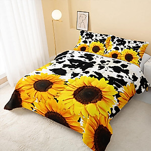 QOOMO Sunflower Comforter Set，Animal Print for Boys Girls Kids Teen Room Decor，Cow Print Bedding Sets, Wildlife 3Pcs Kids Bedding Set Full Size 1 Comforter & 2 Pillowcases
