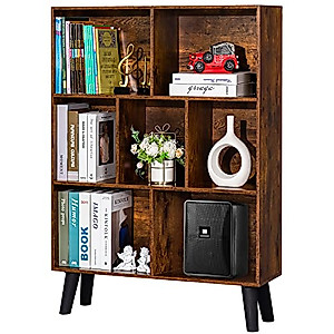 LELELINKY Mid Century 7 Cube Bookshelf,3 Tier Modern Bookcase with Legs,Rustic Brown Bookshelves Storage Organizer Shelf,Wood Short Book Shelves,Free Standing Display Bookcases for Bedroom,Living Room