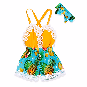 ADIFUN Toddler girl clothes 18-24 months girl summer pineapple pattern suspender romper+Headband two-piece suit toddler girl jumpsuit clothes outfits