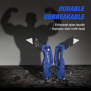 WORKPRO 3-piece Folding Utility Knife Set & 3-piece Folding Utility Knife (Blue/Balck/Red), 40-piece Extra Blades Included