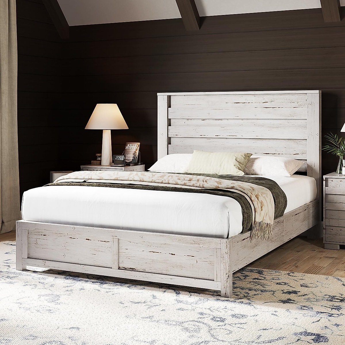 AMERLIFE Farmhouse Queen Size Bed Frame with 49" Fluted Headboard, Platform Bed with Natural Wood Grain, No Box Spring Needed/Noise Free, Distressed White