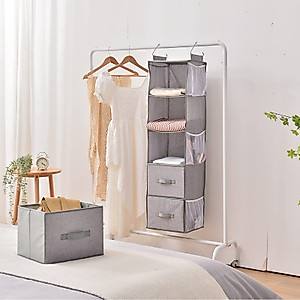 FOKICOS Hanging Closet Organizer 5 Shelf Storage Shelves with 3 Divisible Drawer Washable No Cardboard for Clothes Grey