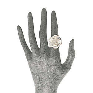 JanKuo Jewelry Rhodium Plated Carved Mother of Pearl Flower with Cubic Zirconia Cocktail Ring