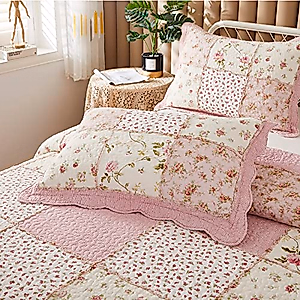 Brandream 4-Piece Pink Rose Floral Patchwork Quilts Cotton Queen Size Quilted Comforter Set Rustic Country Bedspread Set