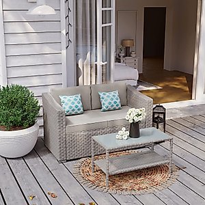 COSIEST 2-Piece Patio Furniture Set, All-Weather Outdoor Wicker Loveseat Conversation Set w Warm Gray Cushions, Glass Coffee Table, 2 Teal Pattern Pillows for Deck, Backyard, Pool