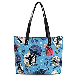 Womens Handbag Jellyfish Pattern Leather Tote Bag Top Handle Satchel Bags For Lady