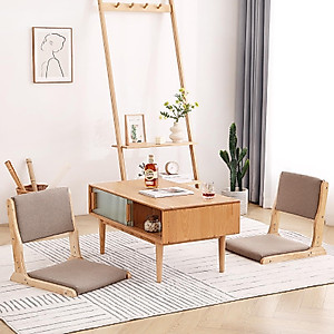 Tatami Chair Accent Furniture, Foldable Meditation Floor Chair, Folding Floor Chairs Seat, Portable Japanese Legless Chair, Back Rest Chair with Cushion, Wood Grey