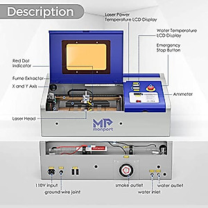 Monport 40w Lightburn with GCode License Key for Lightburn Software 40W Laser Engraver (8" X 12") CO2 Laser Engraver with Red Dot Guidance, 3 LED Monitor Display and Water Cooling System