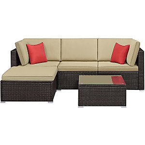 Yaheetech Patio Furniture Set, 5-Piece Outdoor/Indoor Rattan Wicker Sofa Set w/Glass-top Table & Cushions, All-Weather Conversation Lounge Set for Porch/Yard/Poolside/Balcony - Brown/Khaki