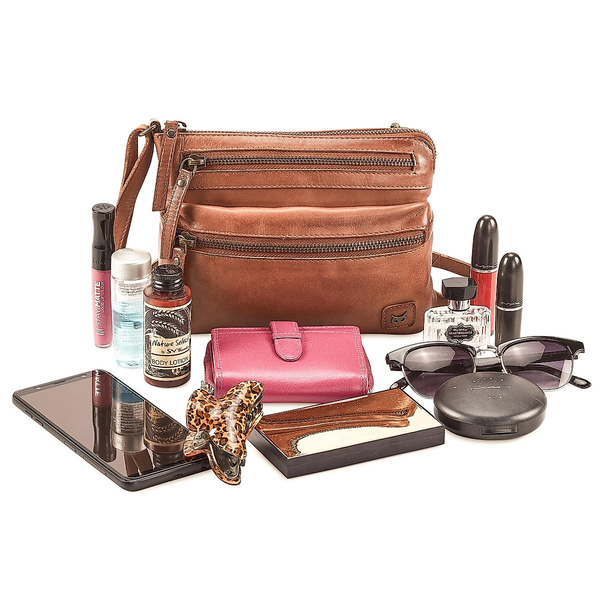 Wise Owl Accessories Small Crossbody Sling Bag Real Leather Purse for Women Crossover Trendy Shoulder Handbag (Cognac Washed Vintage)